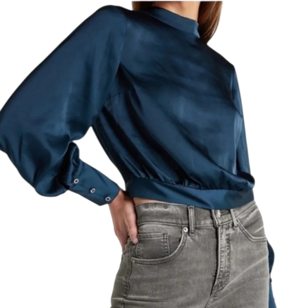 Express | Tops | Express Satin Navy Mock Neck Tie Open Back | Poshmark